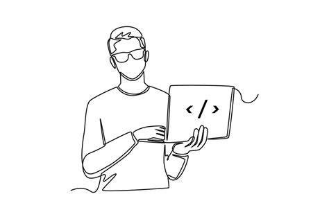 Single One Line Drawing Man Carrying Laptop For Coding Programming Code Concept Continuous