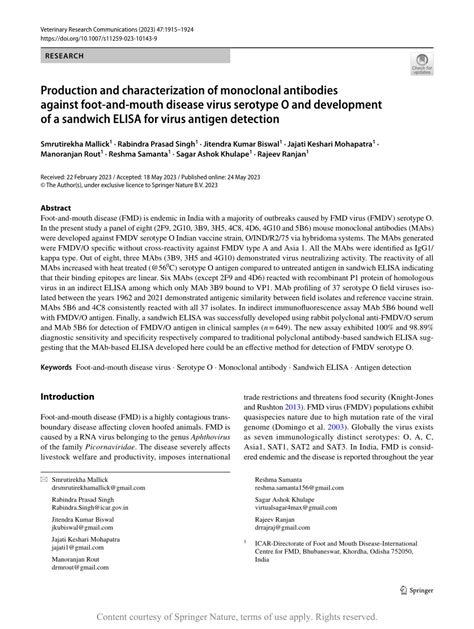 Production And Characterization Of Monoclonal Antibodies Against Foot