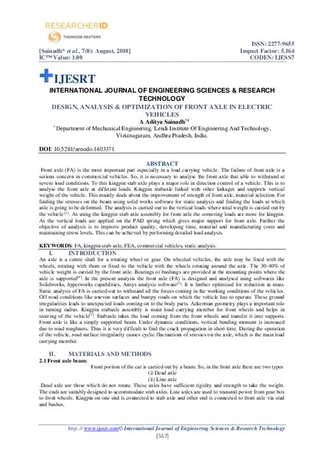 Pdf Design Analysis And Optimization Of Front Axle In Electric Vehicles