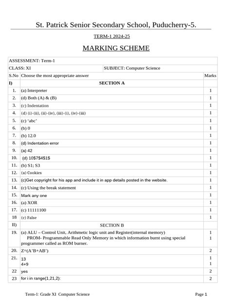 Xi Cs Term1 2024 25 Answer Key Pdf Read Only Memory Computing