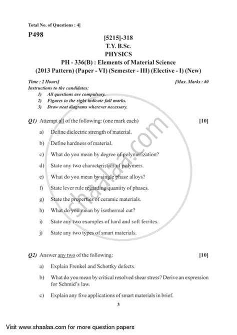 Elements Of Materials Science 2017 2018 B Sc Physics Semester 5 Tybsc 2013 Pattern Question