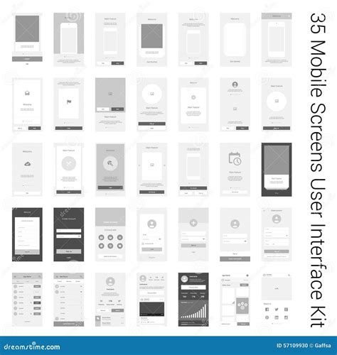 Mobile User Interface 35 Screens Wirefrme Kit For Stock Vector