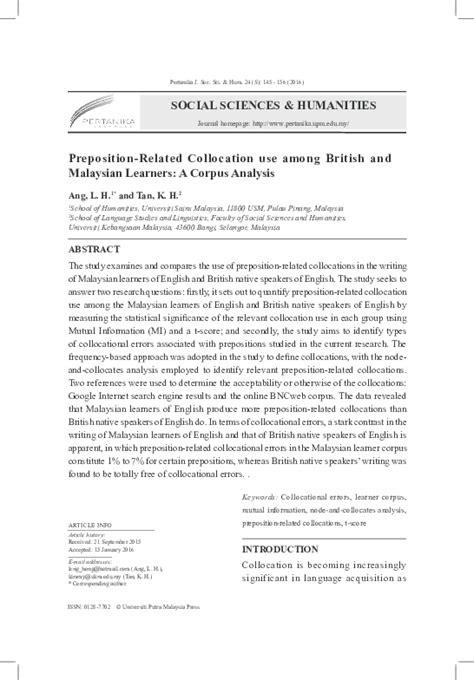 Pdf Preposition Related Collocation Use Among British And Malaysian Learners A Corpus