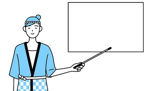 여름 축제를 위해 해피 코트를 입은 여자가 표시기 막대가 있는 화이트보드를 가리키고 있다 Awa Dance Festival에