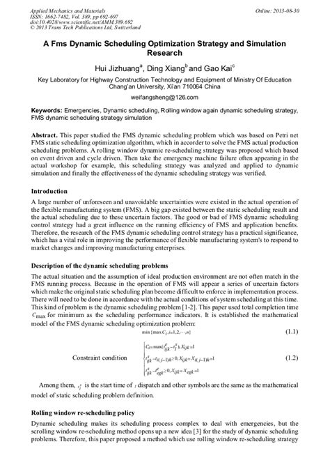 A Fms Dynamic Scheduling Optimization Strategy And Simulation Research Scientific Net