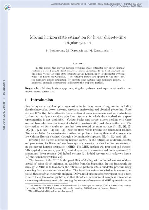 pdf moving horizon state estimation for linear discrete time singular