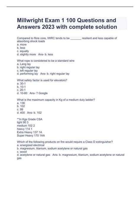 Millwright Exam 1 100 Questions And Answers 2023 With Complete Solution