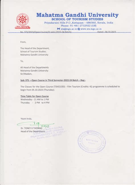 Class Notification Mg School Of Tourism Studies Mg School Of