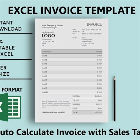 Invoice Template Auto Calculation Excel Etsy