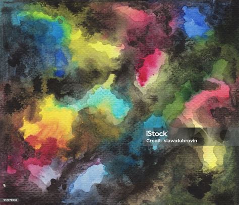 추상 수채화 물감 및 잉크 손으로 그린 배경입니다 검정 잉크 구름과 부드러운 색 그라데이션입니다 경기 조추첨에 대한 스톡 벡터 아트 및 기타 이미지 Istock