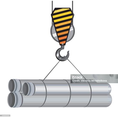 설계를 위해 흰색 배경에 분리된 크레인 후크 및 파이프 산업 및 석유 생산의 개념으로 파이프라인 건설이 있는 단일 벡터 스톡 일러스트레이션 강철에 대한 스톡 벡터 아트 및