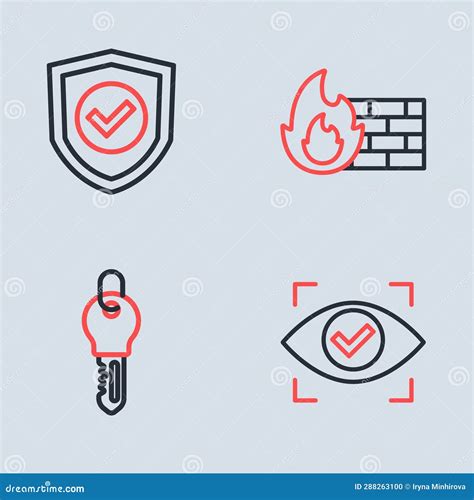 Set Line Firewall Security Wall Key Eye Scan And Shield With Check