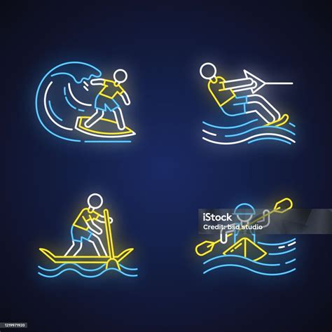 수상 스포츠 네온 라이트 아이콘 세트입니다 서핑 수상 스키 래프팅 및 수선 스포츠의 극단적 인 종류 여름 휴가 레저 모험 빛나는 징후 벡터 절연 일러스트레이션 네온에 대한