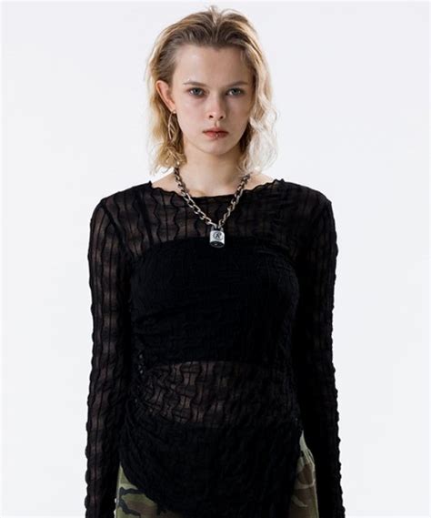 러닝하이 시스루 셔링 슬림 탑 [블랙] 위시버킷