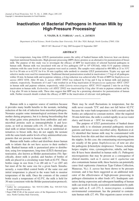 Pdf Inactivation Of Bacterial Pathogens In Human Milk By High
