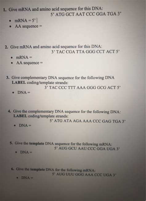 Solved 1. Give mRNA and amino acid sequence for this DNA: 5' | Chegg.com