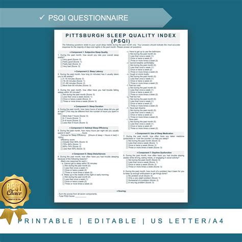 Printable Pittsburgh Sleep Quality Index Psqi Template Editable Psqi