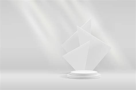 둥근 플랫폼과 기하학적 삼각형 블록이 있는 제품 전시를 위한 3d 흰색 연단 무대 태양 광선과 벽에 빛의 광선 배경 주제에 대한 스톡 벡터 아트 및 기타 이미지 Istock