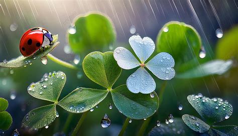 Ladybug On A Clover Leaf In The Rain A Serene Moment Of Nature