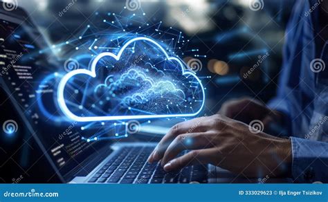 Person Typing On Laptop With Futuristic Cloud Computing Hologram