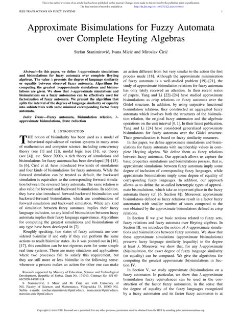 Pdf Approximate Bisimulations For Fuzzy Automata Over Complete Heyting Algebras