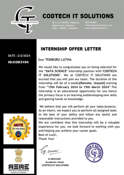 Temburu Latha On Linkedin Internship Datascience Offerletter