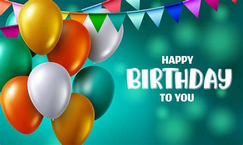 생일 벡터 배경 디자인 생일 축하 출생 날 카드 장식을 축하하기위한 다채로운 풍선과 페넌트 파티 요소의 무리와 텍스트에 생일 축하합니다 3차원 형태에 대한 스톡 벡터 아트