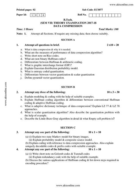 Btech Cs 7 Sem Data Compression Ecs 077 2017 18 Printed Pages 02 Sub