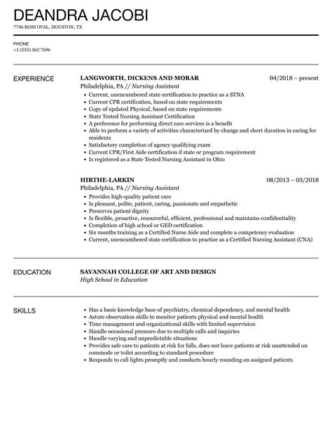 Nursing Assistant Resume Samples Velvet Jobs