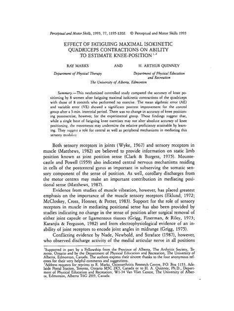 Pdf Effect Of Fatiguing Maximal Isokinetic Quadriceps Contractions On Ability To Estimate Knee