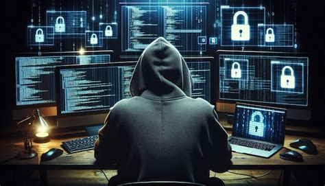 Hacker In Dark Room Surrounded By Multiple Computer Screens With Digital Locks And Codes