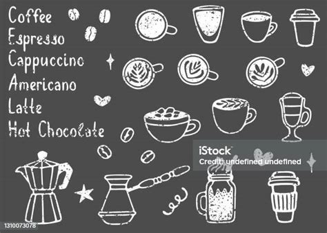 다른 음료와 벡터 커피 세트 카푸치노 에스프레소 라떼 핫 초콜릿 커피 메이커 세즈브 모카와 레터링 분필 텍스처가 있는 칠판에