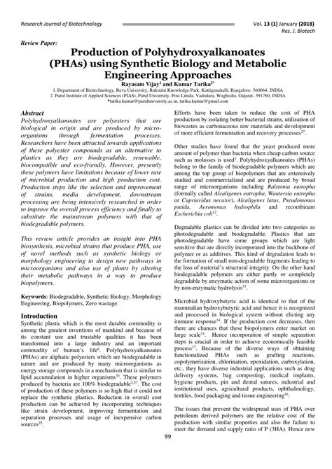 Pdf Production Of Polyhydroxyalkanoates Phas Using Synthetic Biology And Metabolic
