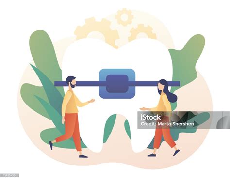 치과 중괄호 개념이있는 큰 치아 치열 교정 치료 및 화장품 오돈론 작은 사람들 치열 교정자 현대 플랫 만화 스타일 흰색 배경의