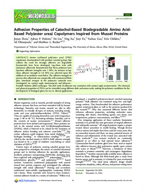 Pdf Adhesion Properties Of Catechol Based Biodegradable Amino Acid
