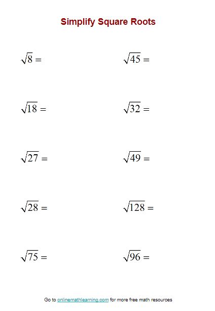 Simplify Square Root Worksheets Printable Online Answers Examples Worksheets Library