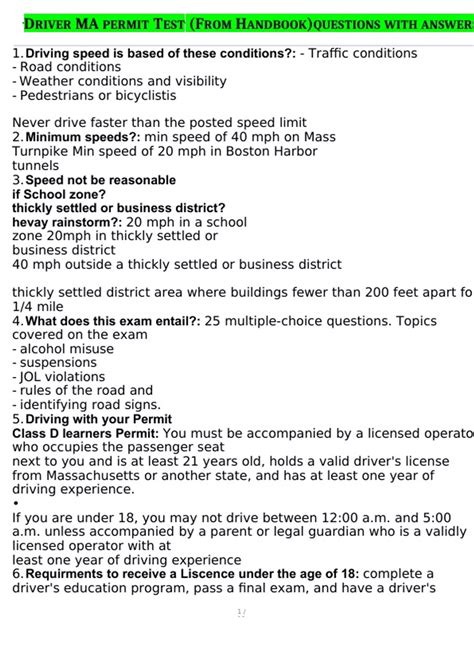 Driver Ma Permit Test From Handbook Questions With Answers Ma Permit Stuvia Us