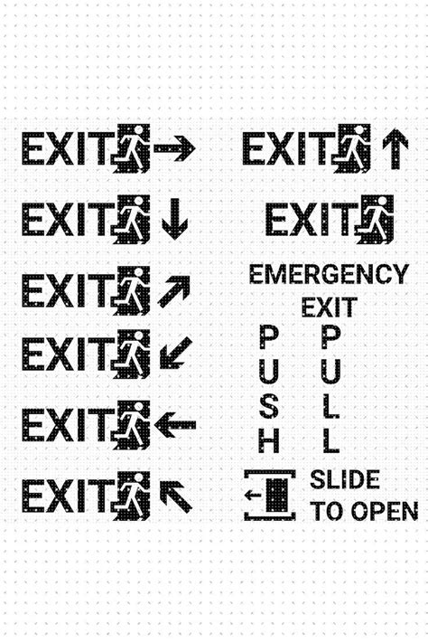 Some Type Of Emergency Exit Sign That Is Black And White With Different Symbols On It