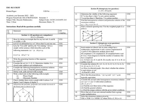 Discrete Mathematics Sample Est Ese B Cseit Printed Pages Uid No
