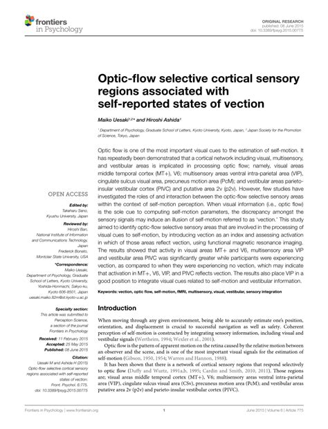 Pdf Optic Flow Selective Cortical Sensory Regions Associated With Self Reported States Of Vection