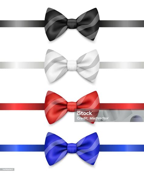 벡터 3d 현실적인 줄무늬 빨강 파랑 흰색 검은 활 넥타이 아이콘 세트 근접 촬영 절연 실크 글로시 보티 티 넥타이 신사 모형 디자인 템플릿 남자를위한 활 넥타이 남자 패션