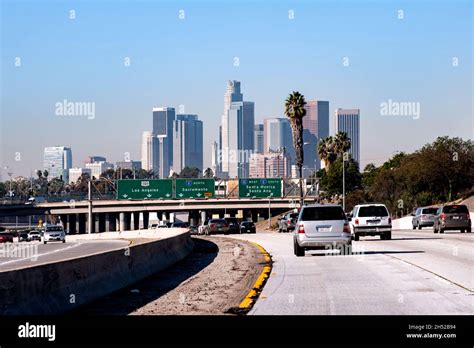 View Of Downtown Los Angeles From The Northbound Harbor Freeway Stock