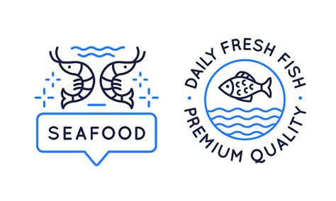 해산물 로고 흰색 배경에 고립 된 해산물 전문 식품 시설을위한 두 가지 트렌디 한 로고 새우와 물고기 아이콘 벡터 일러스트 레이 션 인장에 대한 스톡 벡터 아트 및 기타