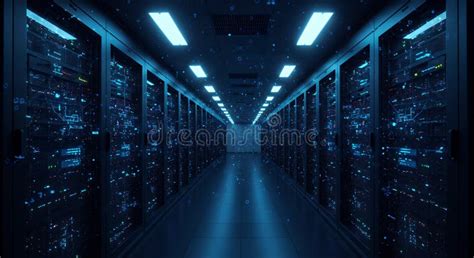 Futuristic Data Center Server Room With Glowing Network Digital Data Flow And High Tech