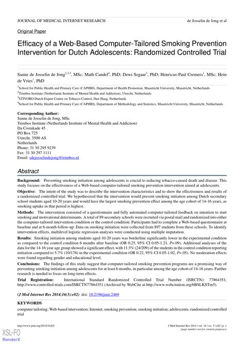 Pdf Efficacy Of A Web Based Computer Tailored Smoking Prevention Intervention For Dutch