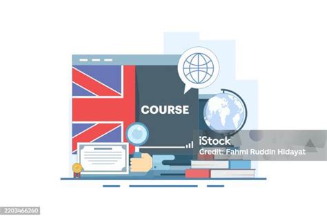 온라인 영어 교육 과정 Elearning 및 원격 학습 인터넷을 통한 외국어 수업 교육 디지털 마케팅의 개념 배경에 평면 벡터
