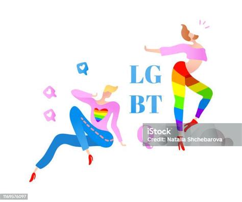 벡터 다채로운 그림 Lgbtq 텍스트와 발 뒤꿈치에 유행 게이 남자 플랫 만화 스타일 고립 Lgbt 트랜스젠더 권리 개념 등에