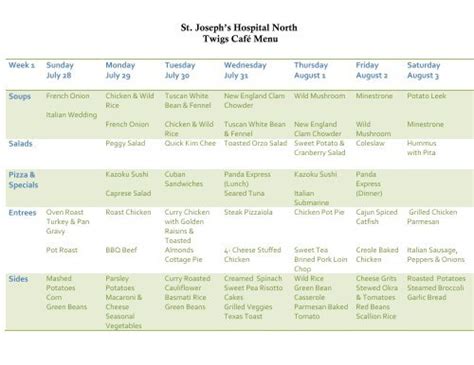 Hospital Food Menu