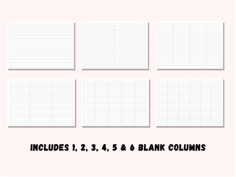 Printable Blank Columns Charts With Header One Two Three Four Five And Six Columns Table