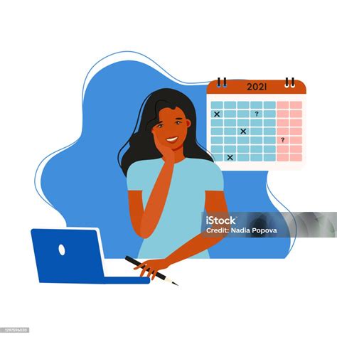 업무의 우선 순위 의제 행복한 여성은 일을 계획하고 작업 우선 순위를 설정합니다 작업 완료 계획 시간 관리의 개념 트렌디 한